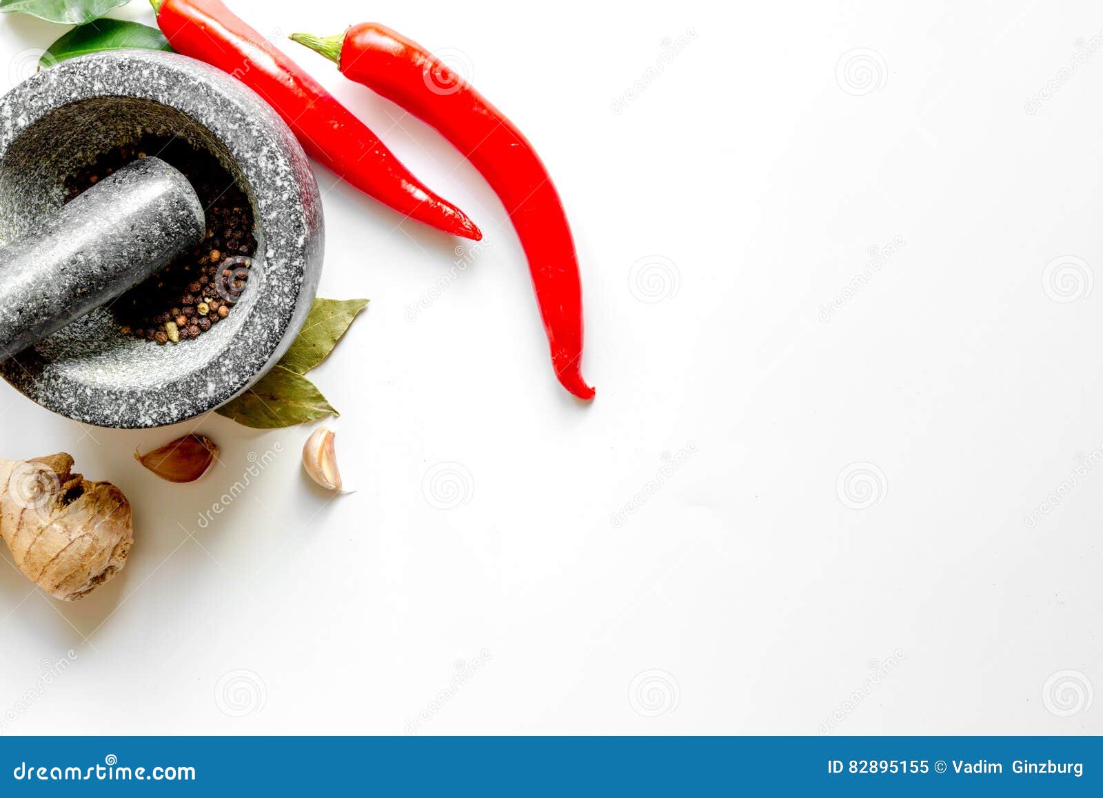 Spices and Stone Mortar White Background Top View Mock Up Stock Image ...