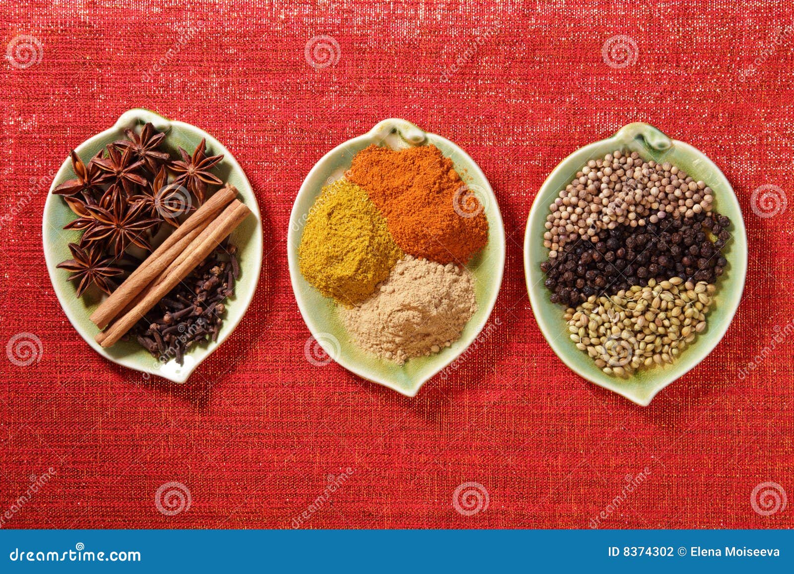 Spices in Three Leaf Shape Plates on Glitter Red Stock Photo - Image of ...