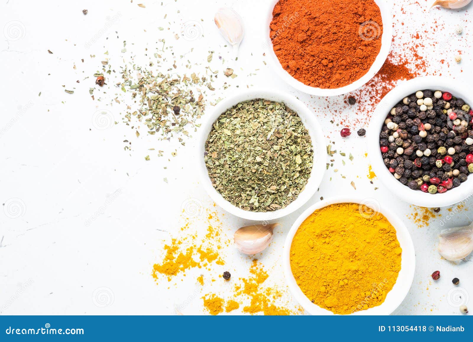 Spices top view on white. stock photo. Image of aromatic - 113054418