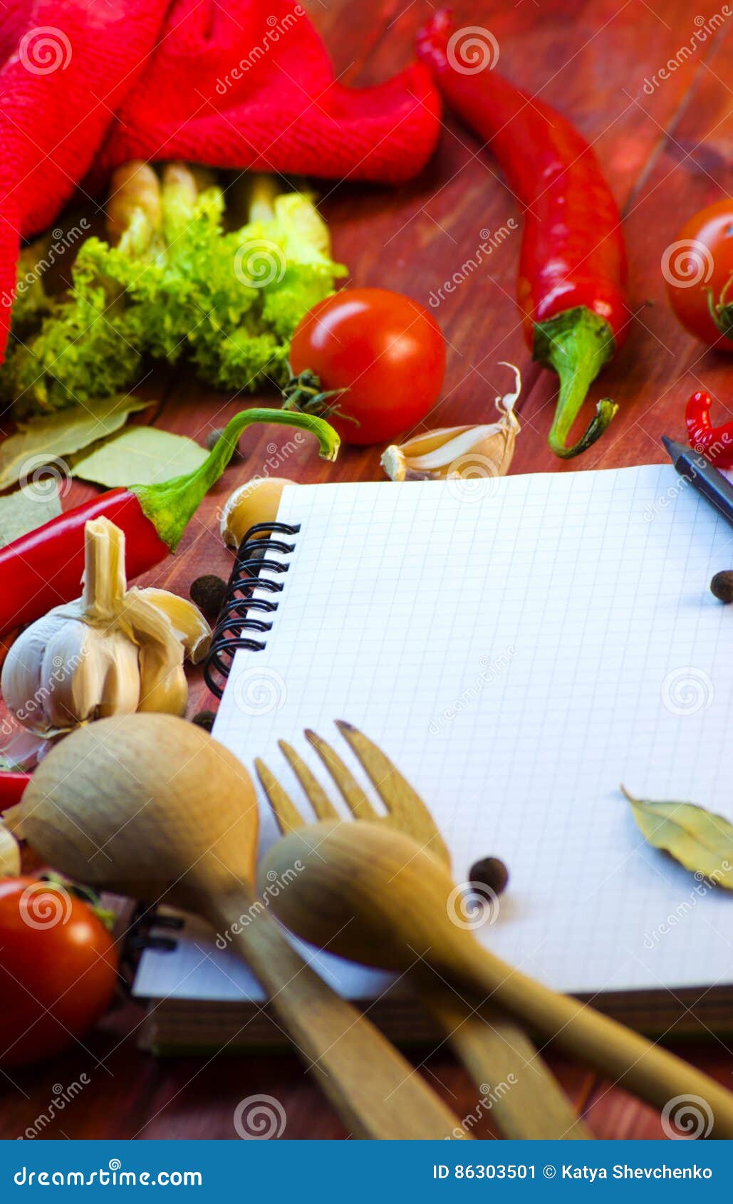 Spices, Vegetables, and a Notebook Stock Image - Image of recipes ...