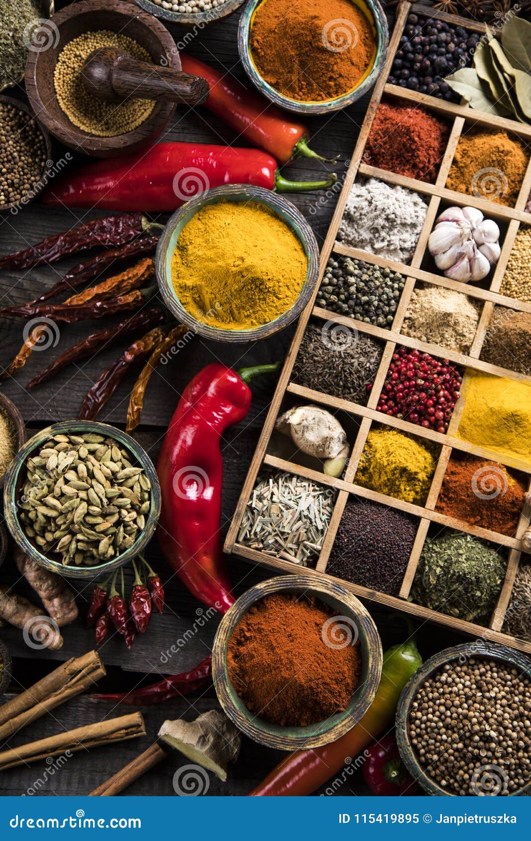 Close-up of Different Types of Assorted Spices in a Wooden Box Stock ...