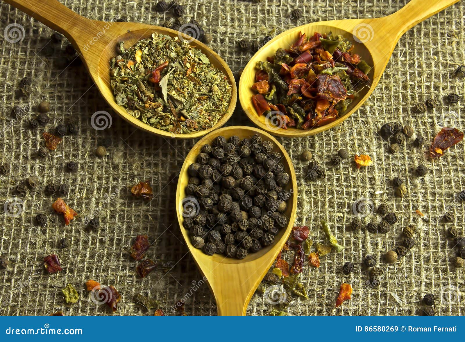 Spices in a Wooden Spoon on a Circle Stock Image - Image of spice ...