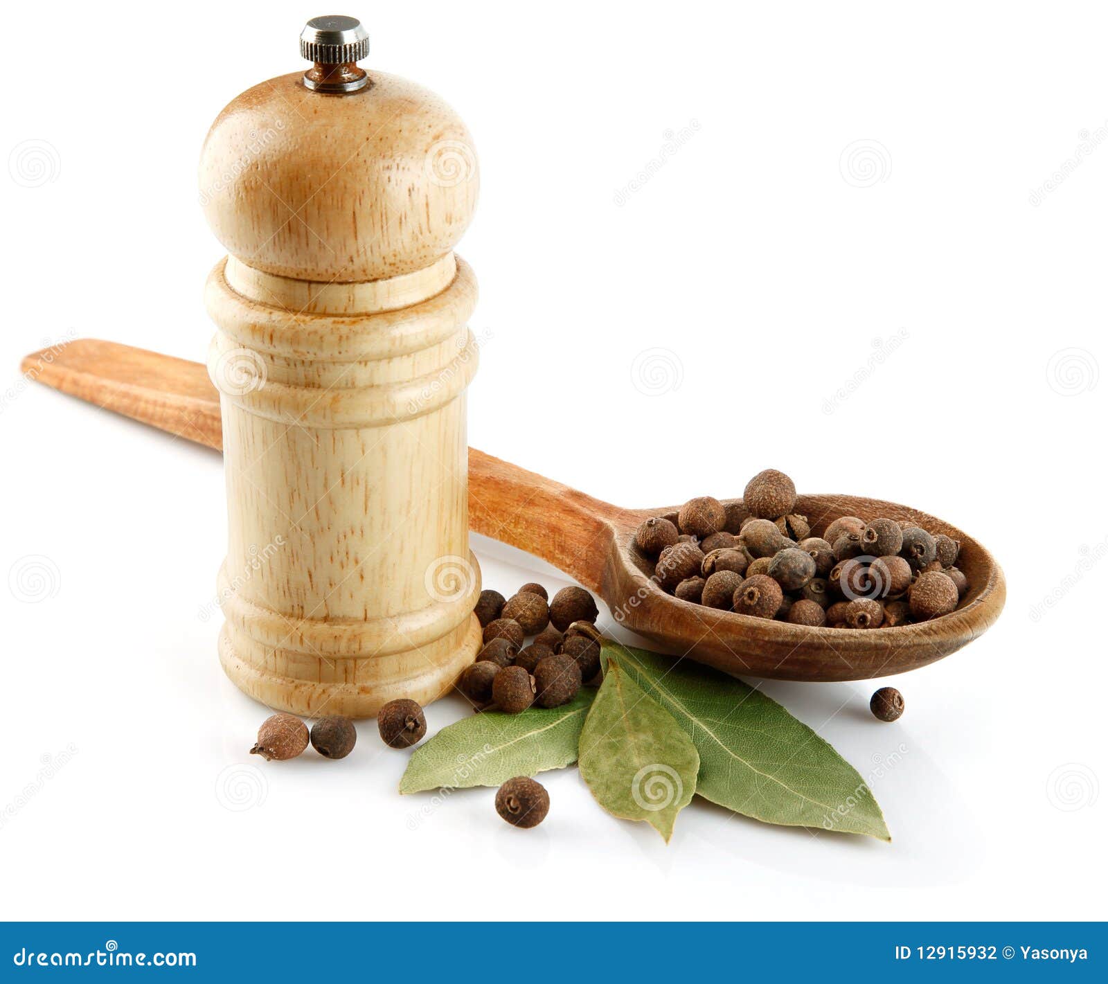 Spices in Wooden Spoon with Laurel Leaves Stock Photo - Image of ...