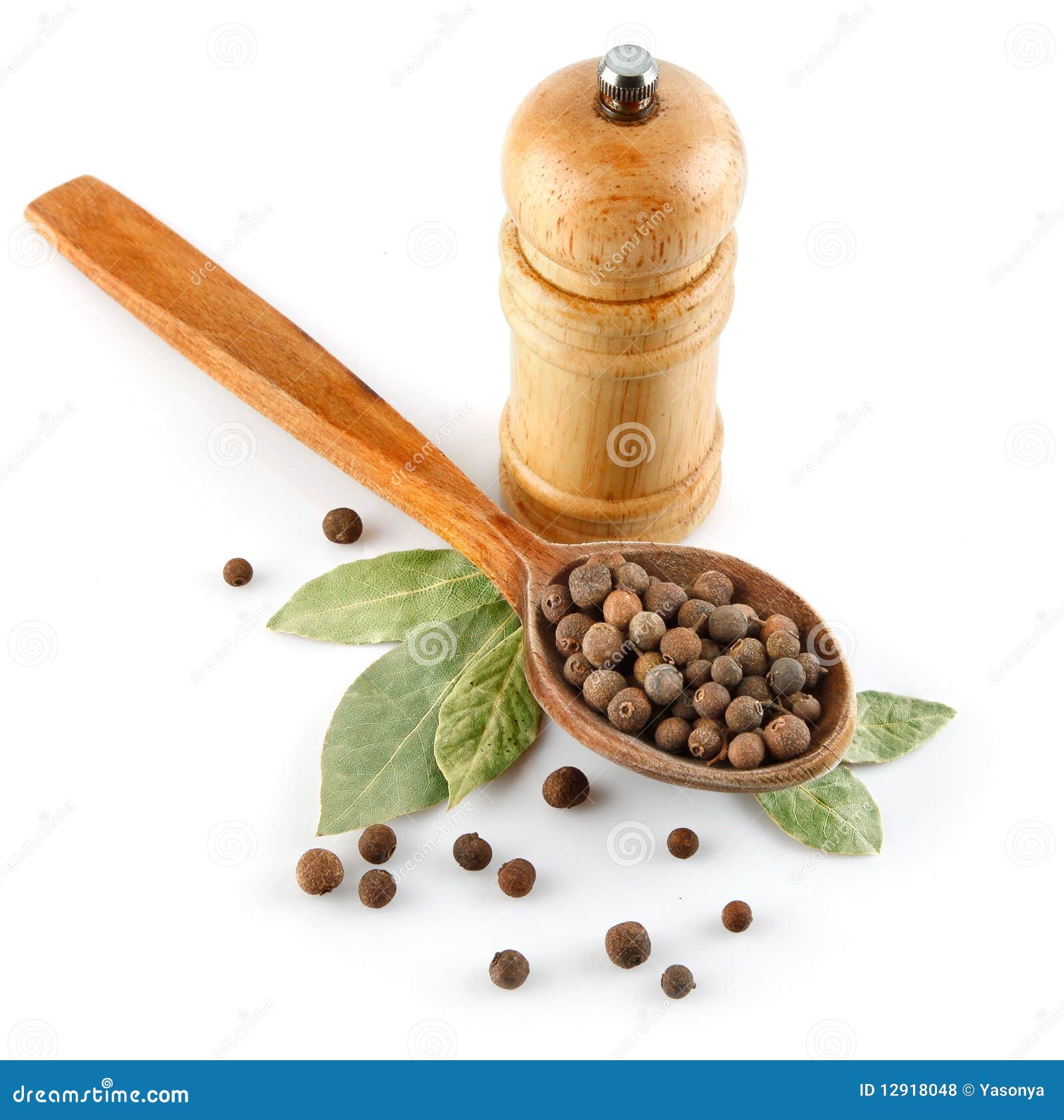 Spices in Wooden Spoon with Laurel Leaves Stock Photo - Image of still ...