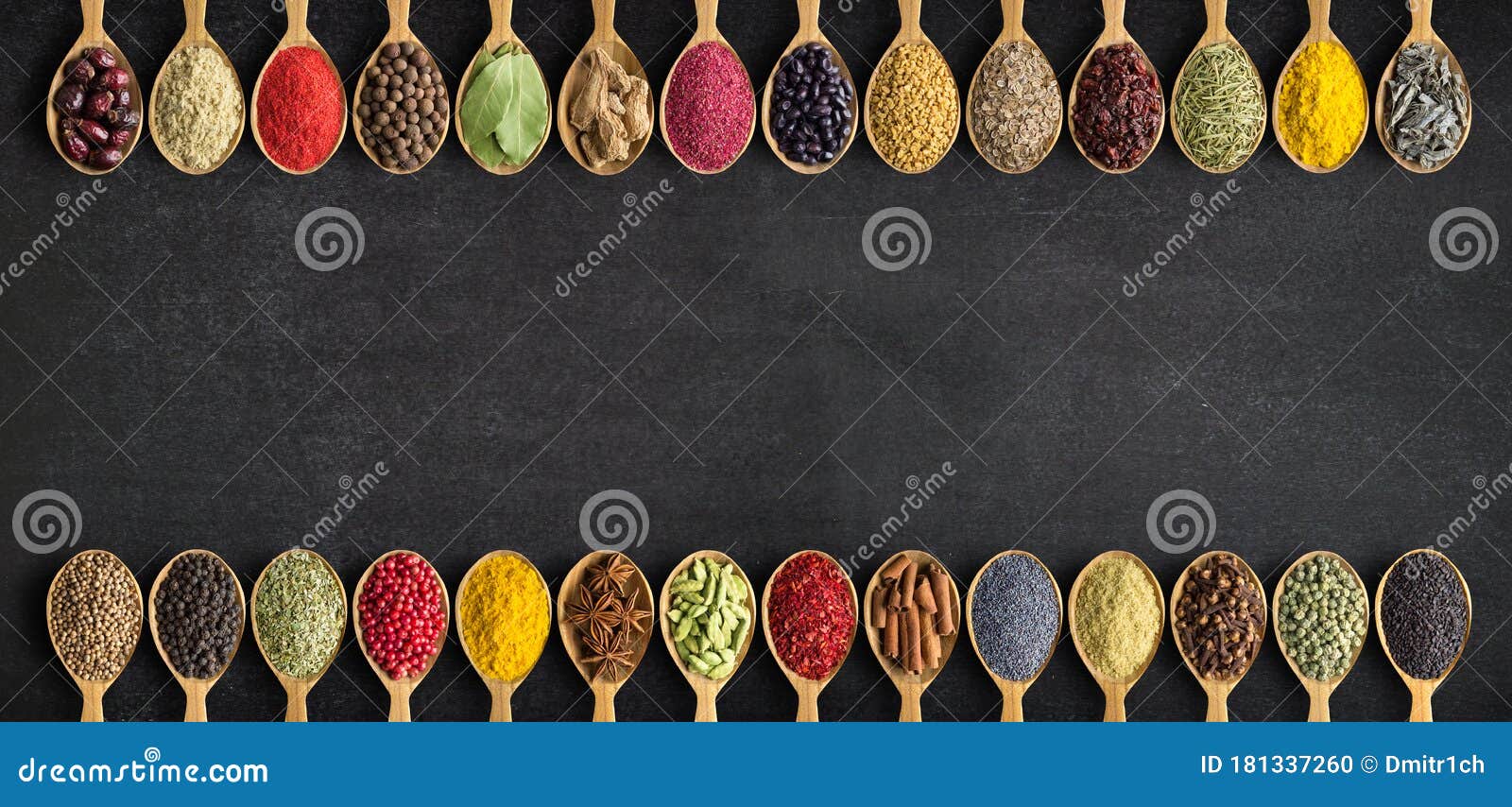 Spices and Herbs in Wooden Spoons for Website Headers. Collection of ...