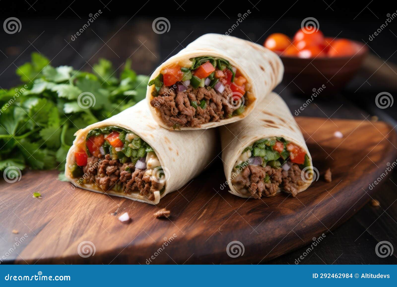 Spicy Beef Burrito Garnished with Fresh Cilantro Stock Photo - Image of ...
