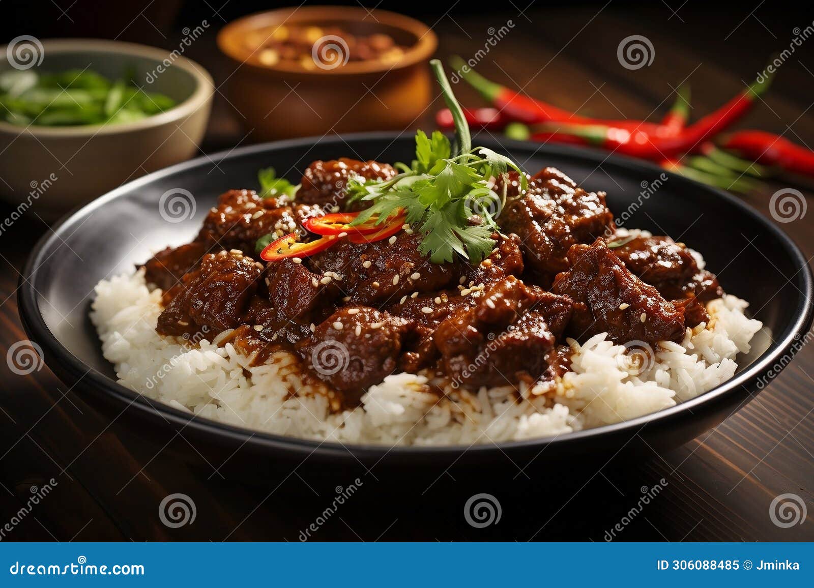 Spicy Beef Rendang with Rice Stock Illustration - Illustration of spicy ...