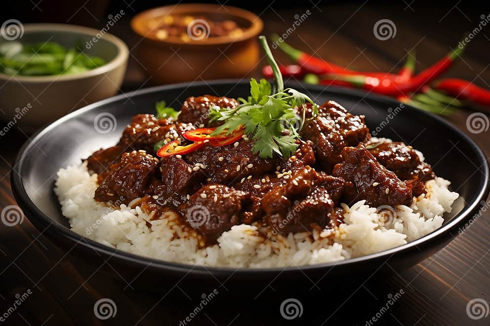 Spicy Beef Rendang with Rice Stock Illustration - Illustration of spicy ...