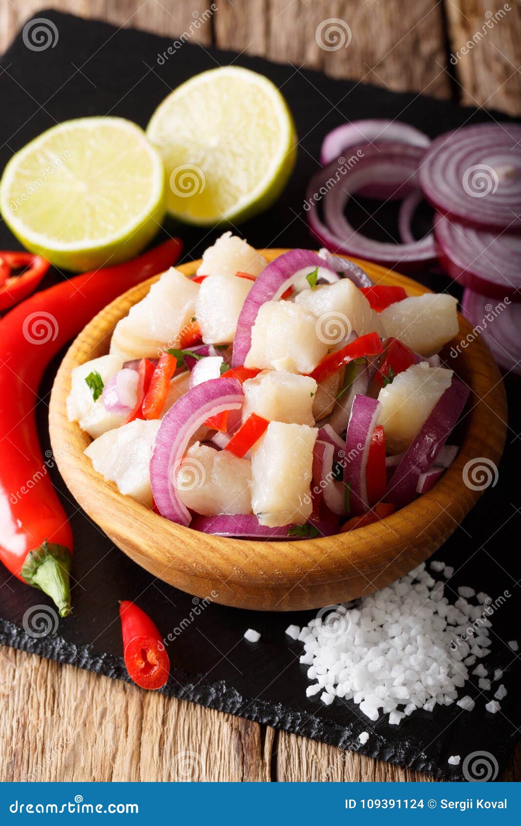 Spicy Ceviche from Cod with Vegetable Salsa Close-up on a Plate. Stock ...