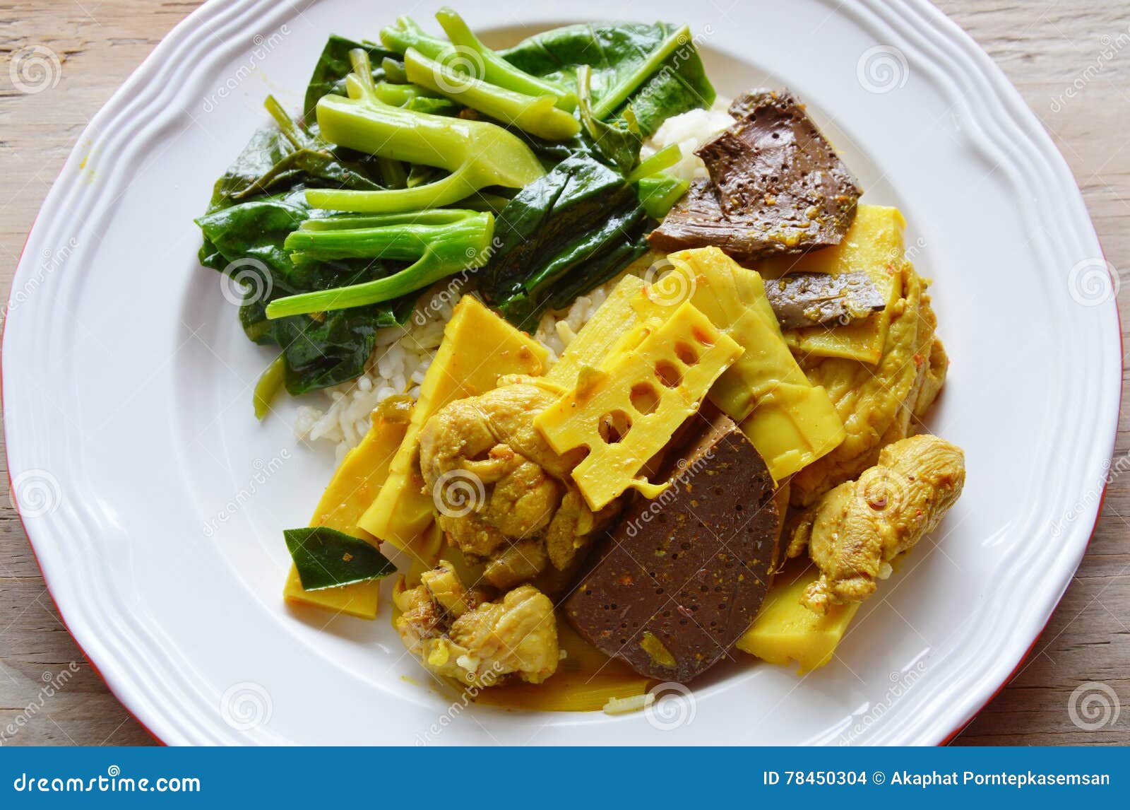 Spicy Chicken with Bamboo Shoot Curry and Stir Fried Chinese Kale on ...