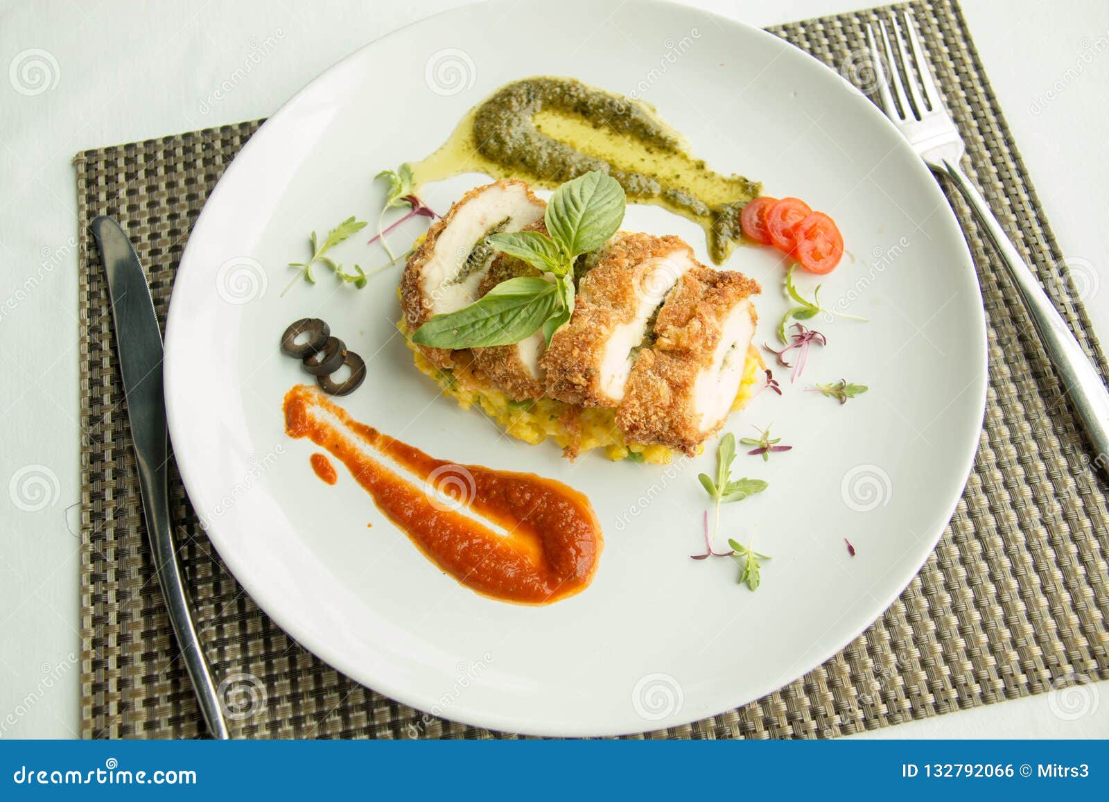 Spicy Chicken Steak with Rice Stock Photo - Image of background, salad ...
