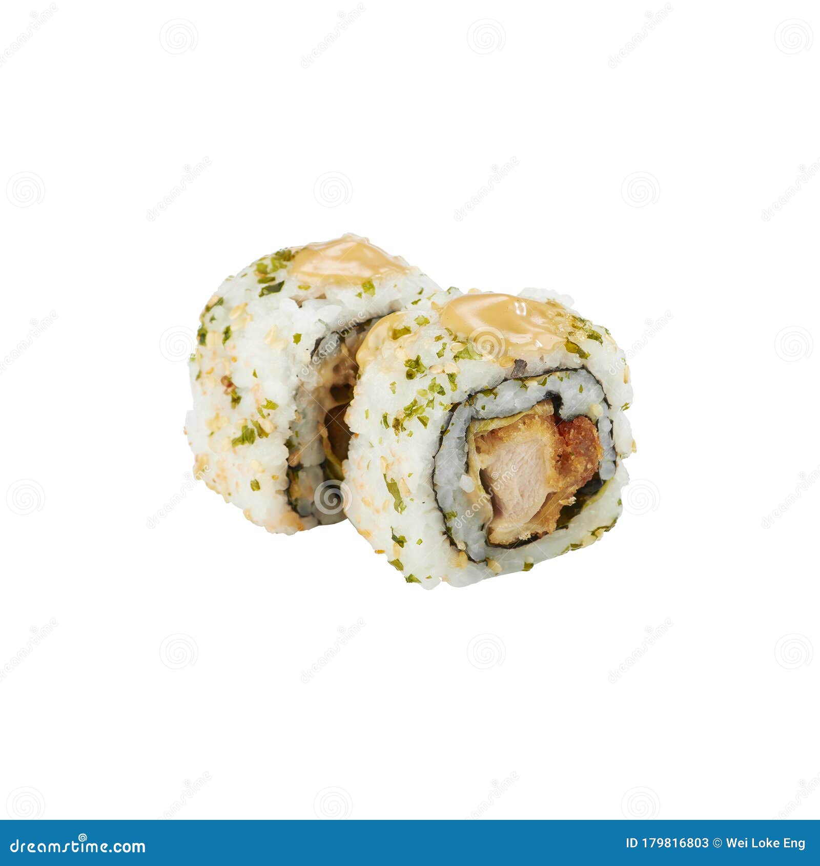 Spicy chicken sushi roll stock image. Image of omelette - 179816803