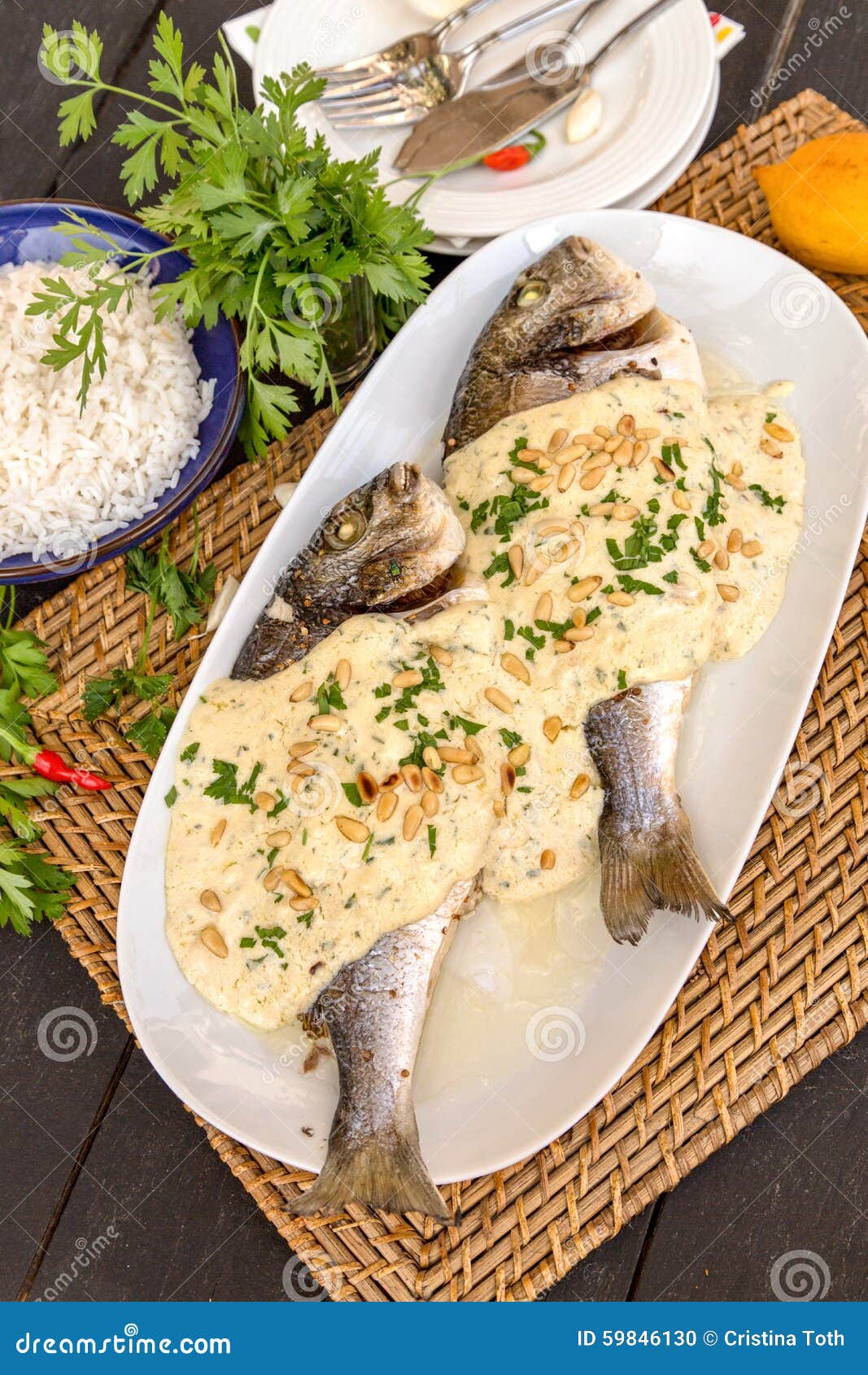 Spicy Fish with Tahini Sauce Stock Photo - Image of wood, bream: 59846130