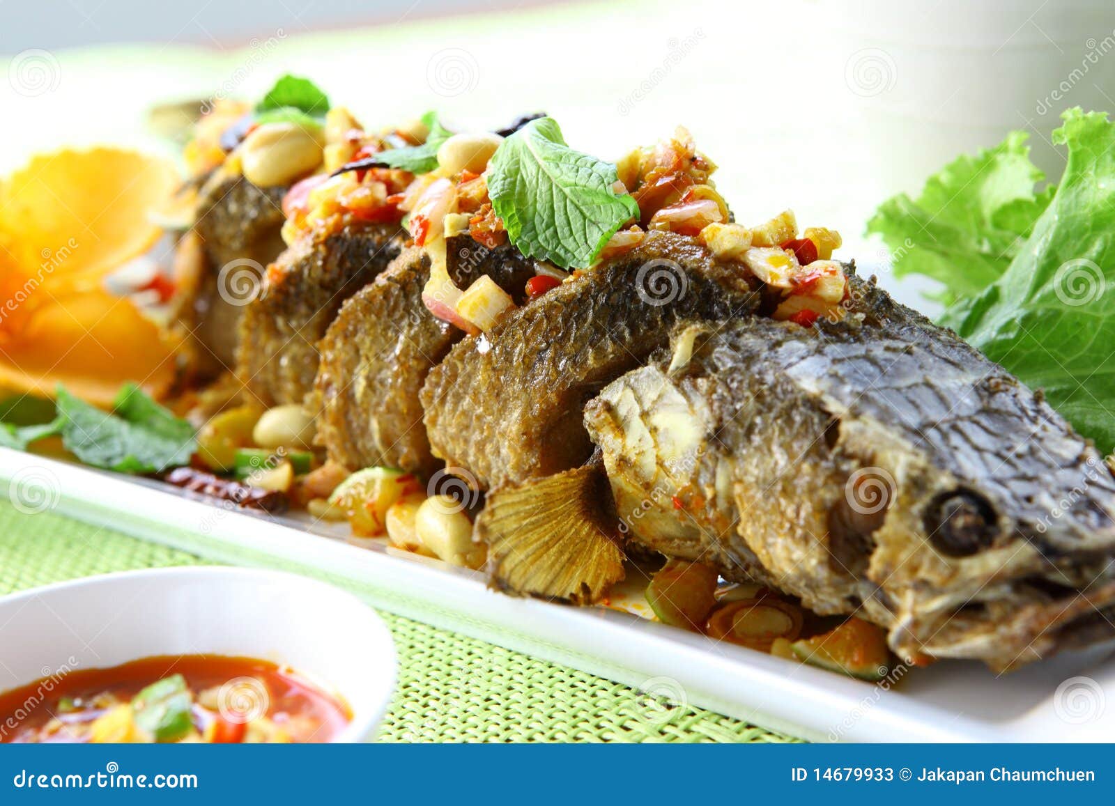Spicy fried fish head. stock image. Image of east, green - 14679933