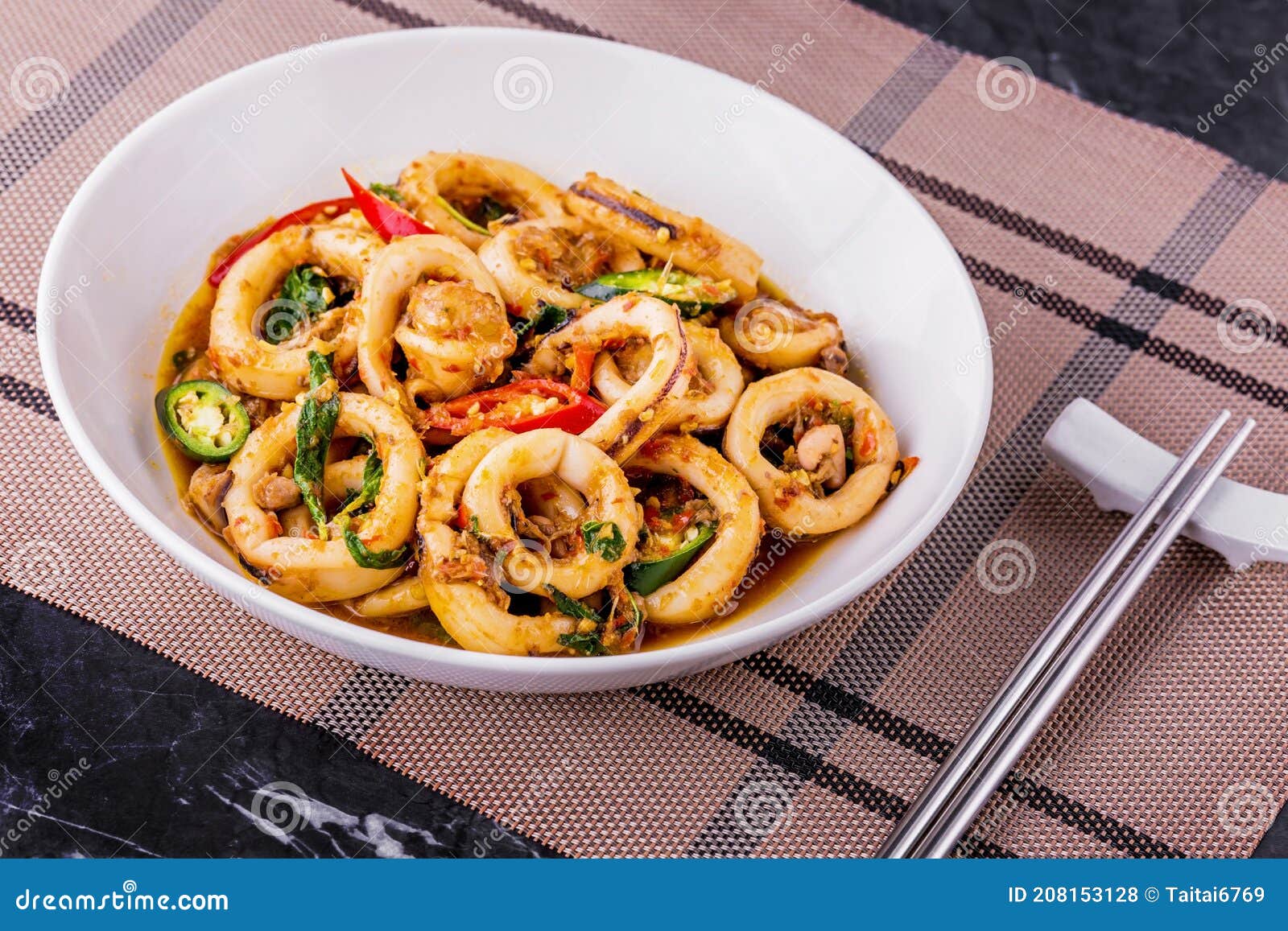 Spicy Fried Squid with Basil Leaves Stock Photo - Image of squid, sauce ...