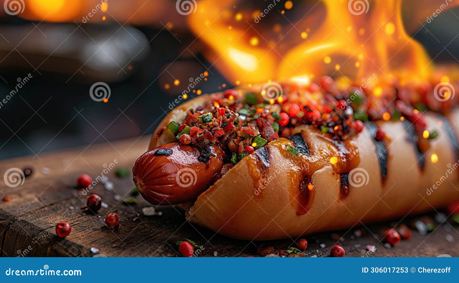 Spicy Hot Dog on Fire stock image. Image of grilled - 306017253