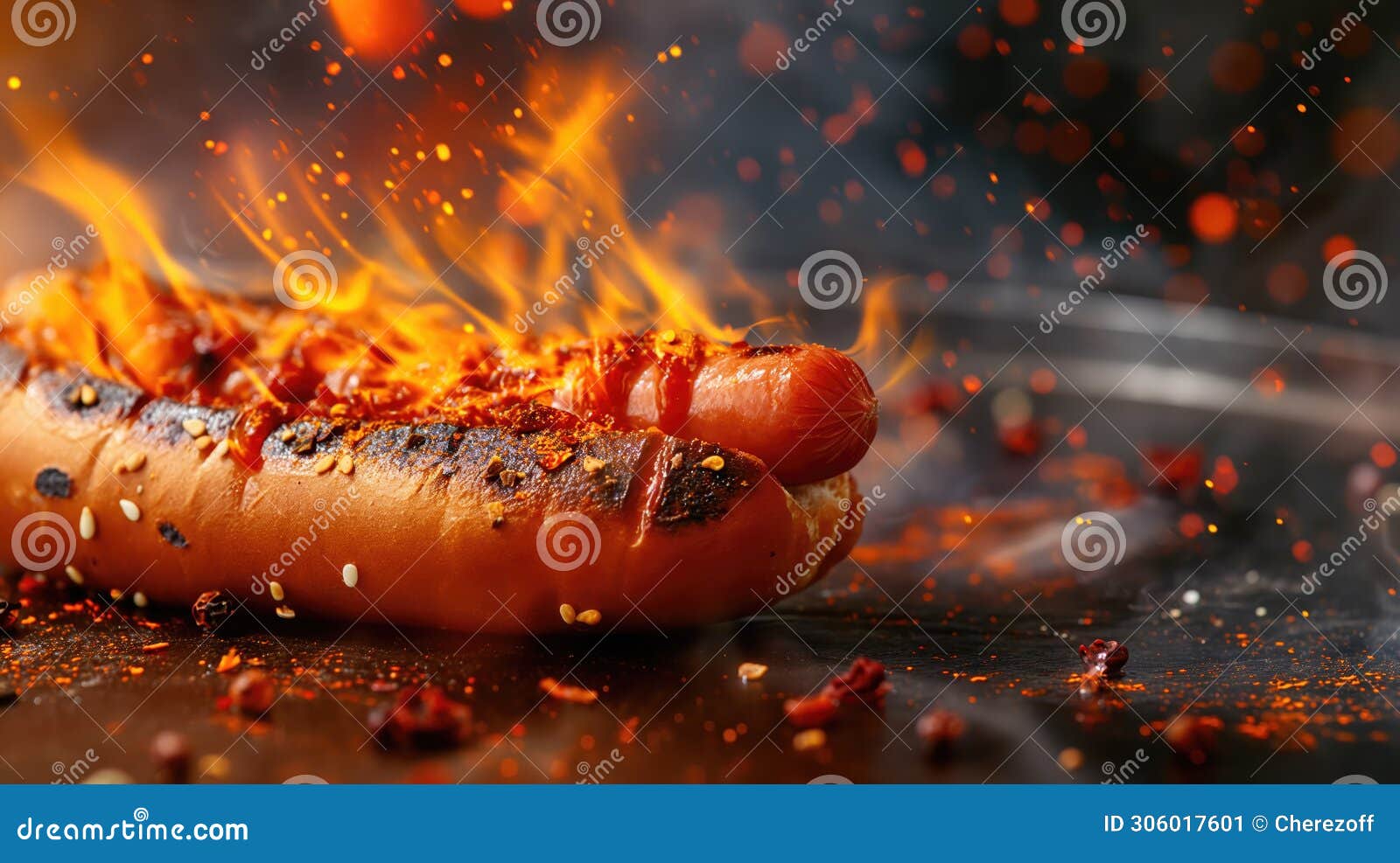 Spicy Hot Dog on Fire stock image. Image of delicious - 306017601