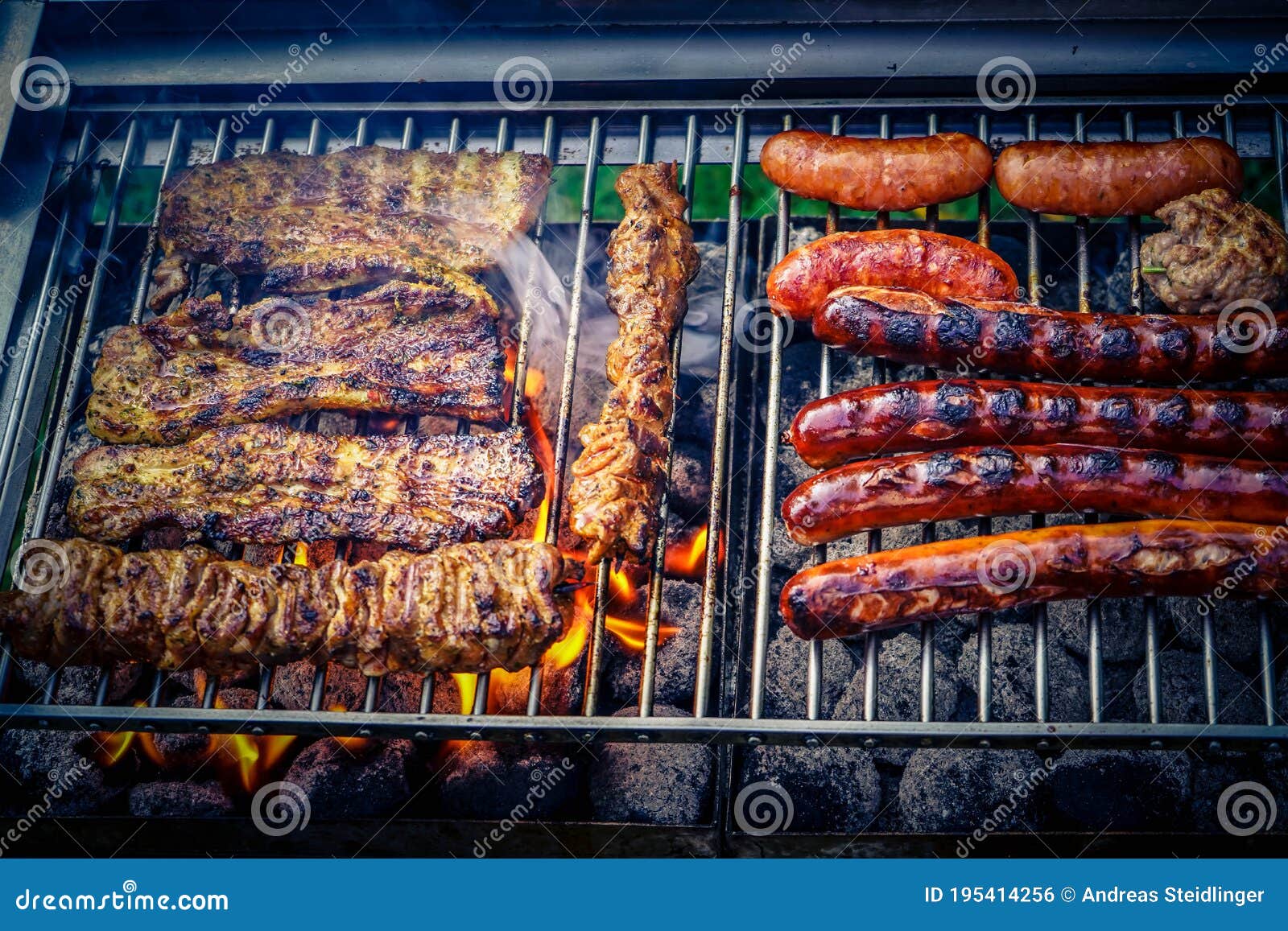 Meat on grill stock photo. Image of beef, portion, dinner - 195414256