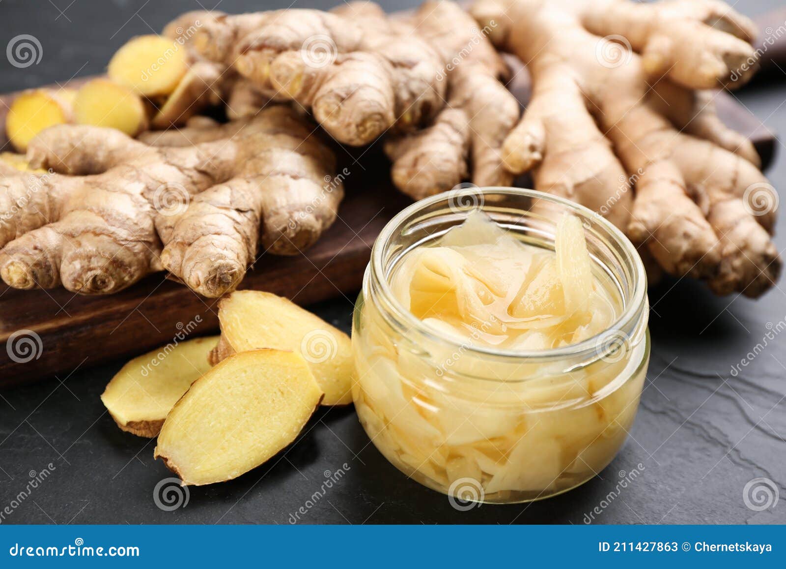 Spicy Pickled Ginger and Root on Black Table Stock Image - Image of ...