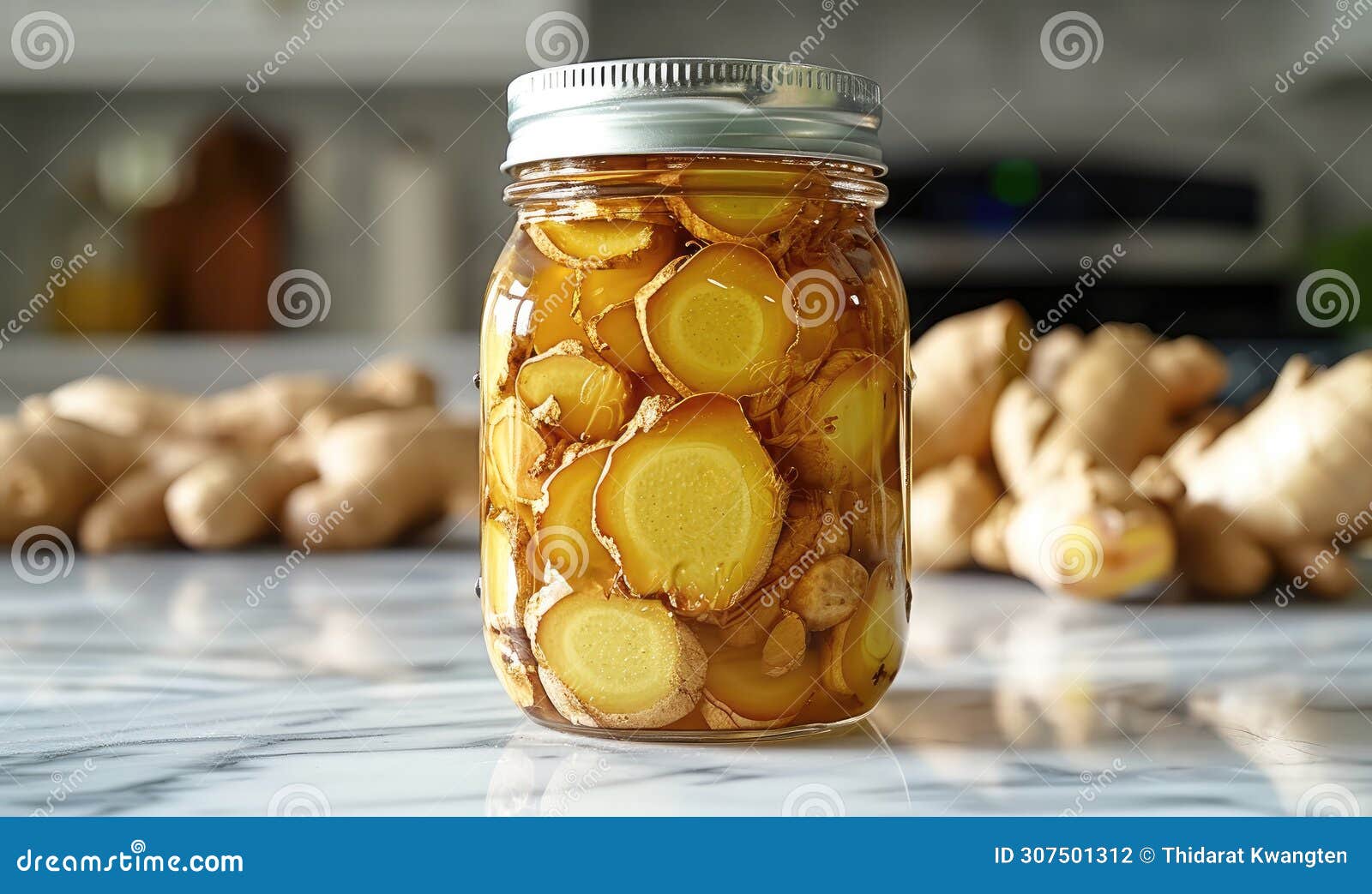 Spicy Pickled Ginger and Root on White Marble Table, Space for Text ...