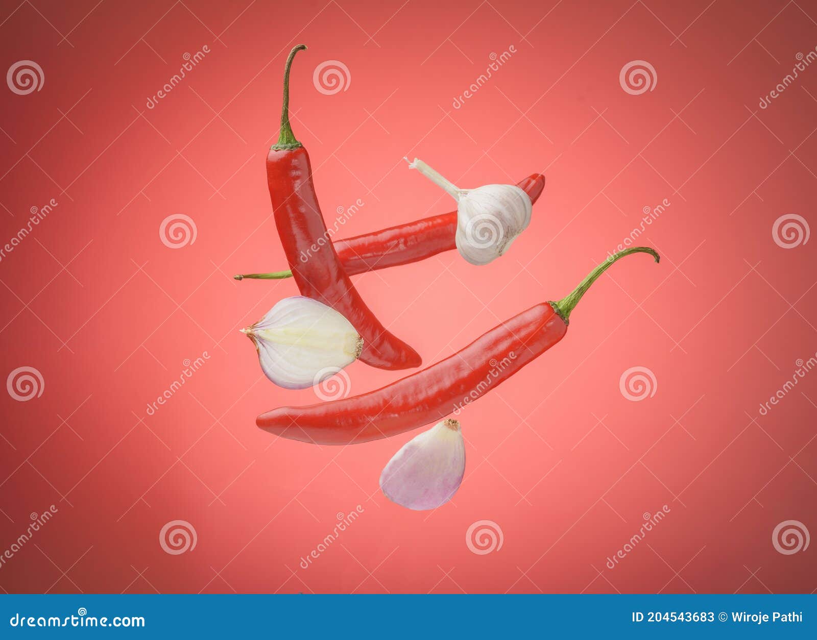 Spicy Red Chili and Garlic Shallots Red Gradient Background Stock Image ...
