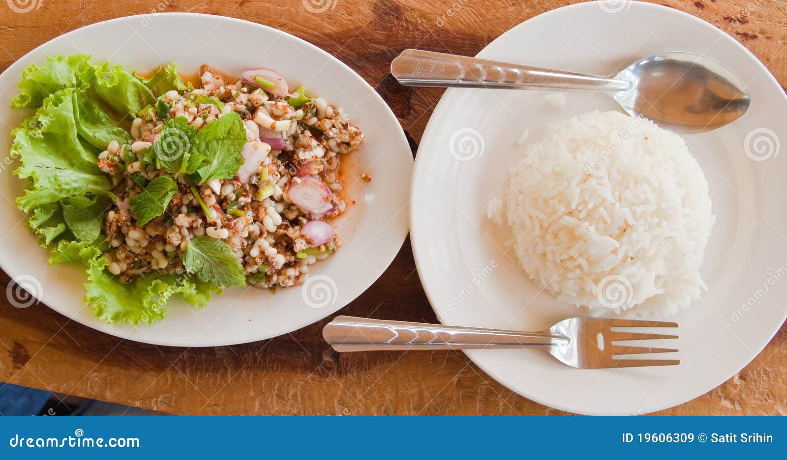 The Spicy Salad Egg of Ant and Steamed White Rice Stock Image - Image ...