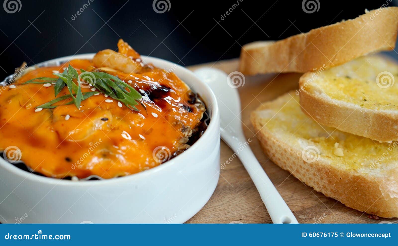 Spicy Scallop with Mayo Cream Together with Garlic Bread Stock Image ...