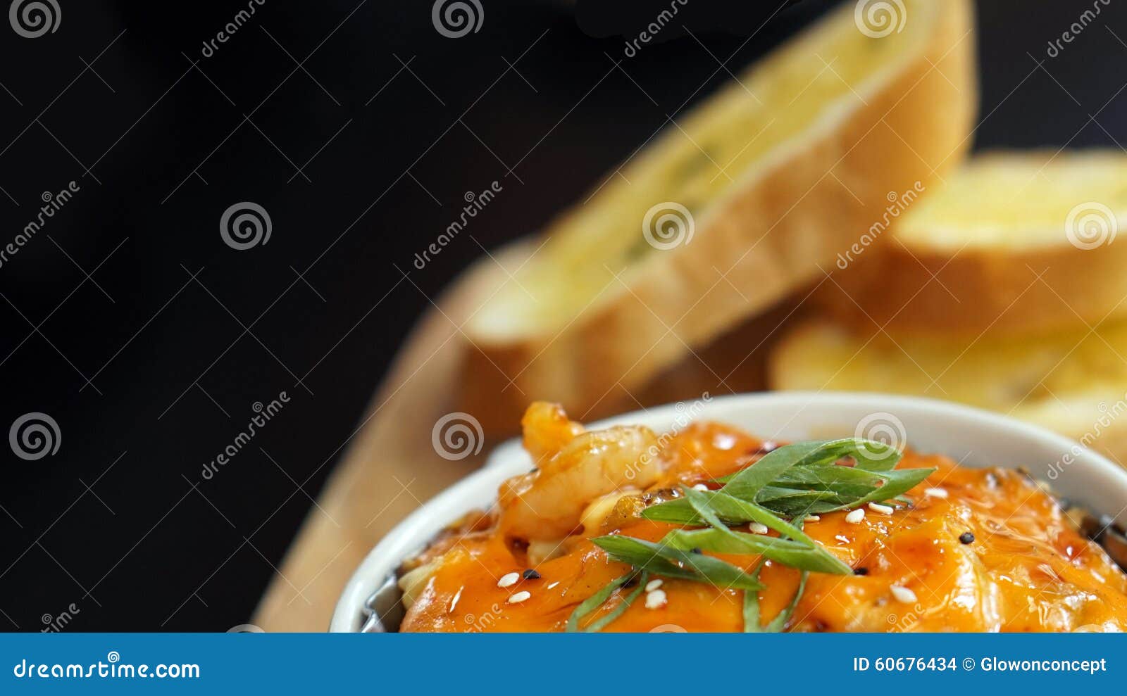 Spicy Scallop with Mayo Cream Together with Garlic Bread Stock Photo ...