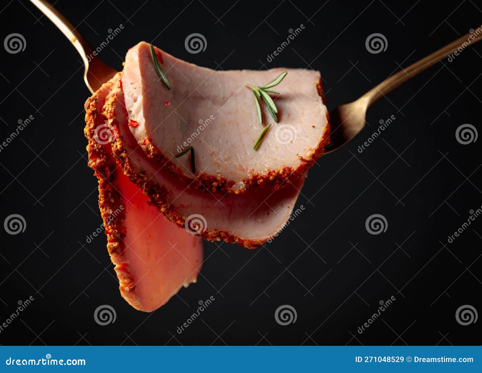 Spicy sliced ham on forks stock image. Image of lunch - 271048529