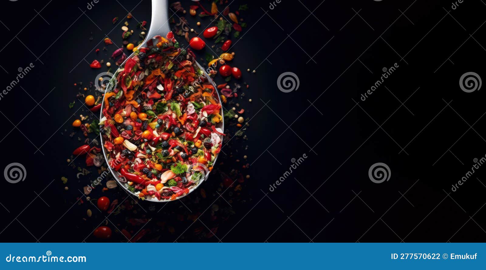 Spicy Spice with Pieces Dry Vegetable in Spoon Condiments on Black ...