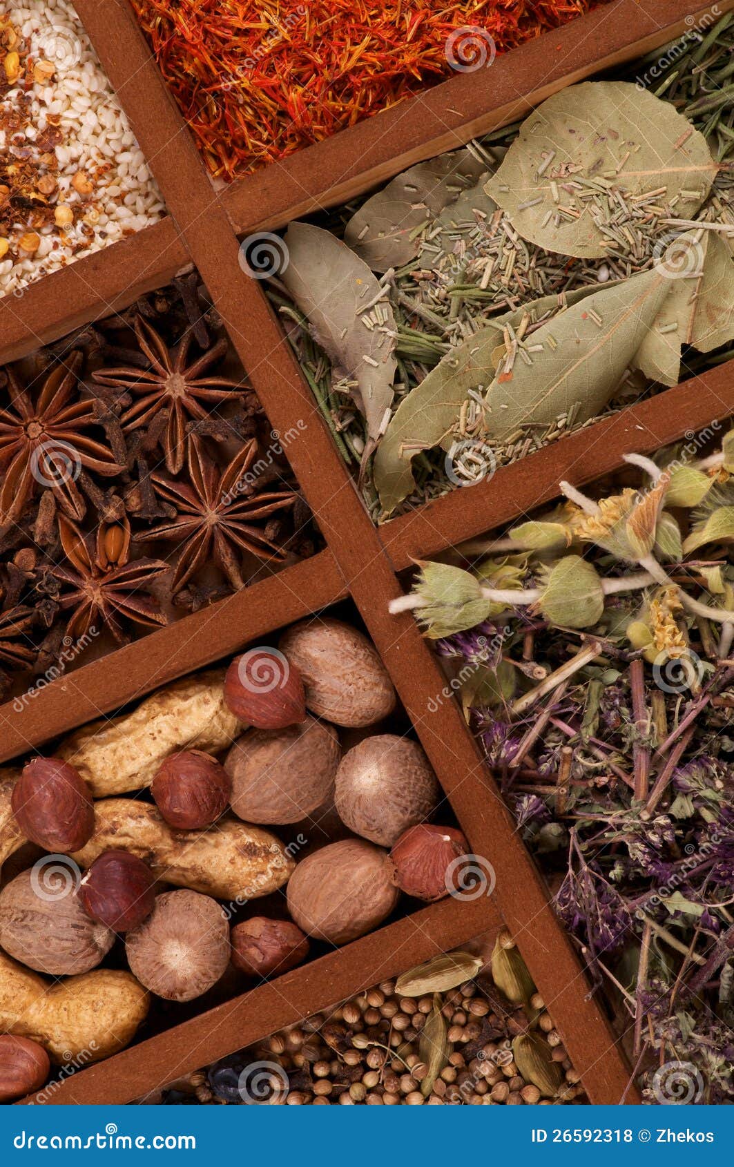 Spicy Spices in Wooden Box stock photo. Image of anise - 26592318