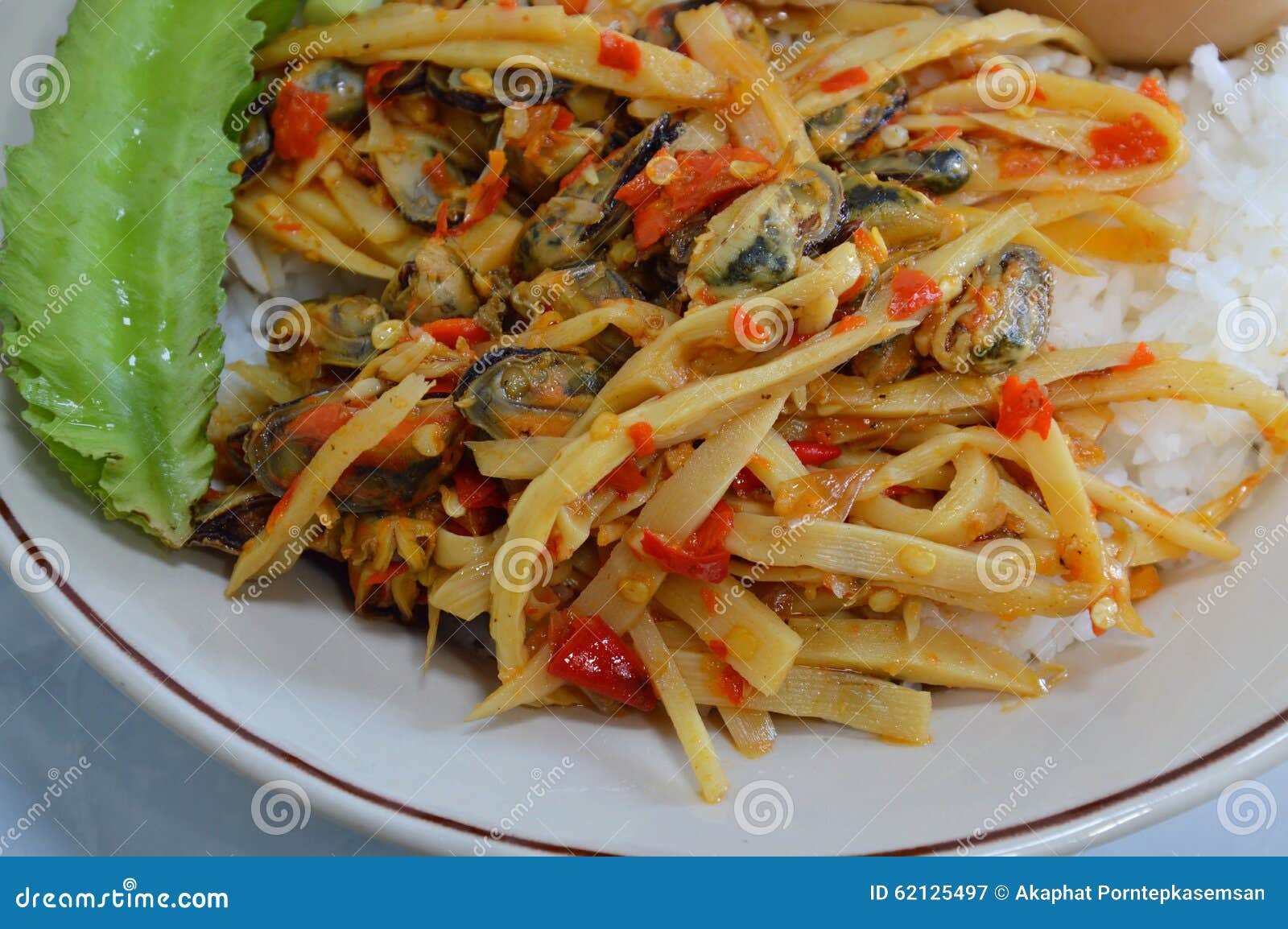 Spicy Stir-fried Bamboo Shoot with Mussel on Rice Stock Image - Image ...