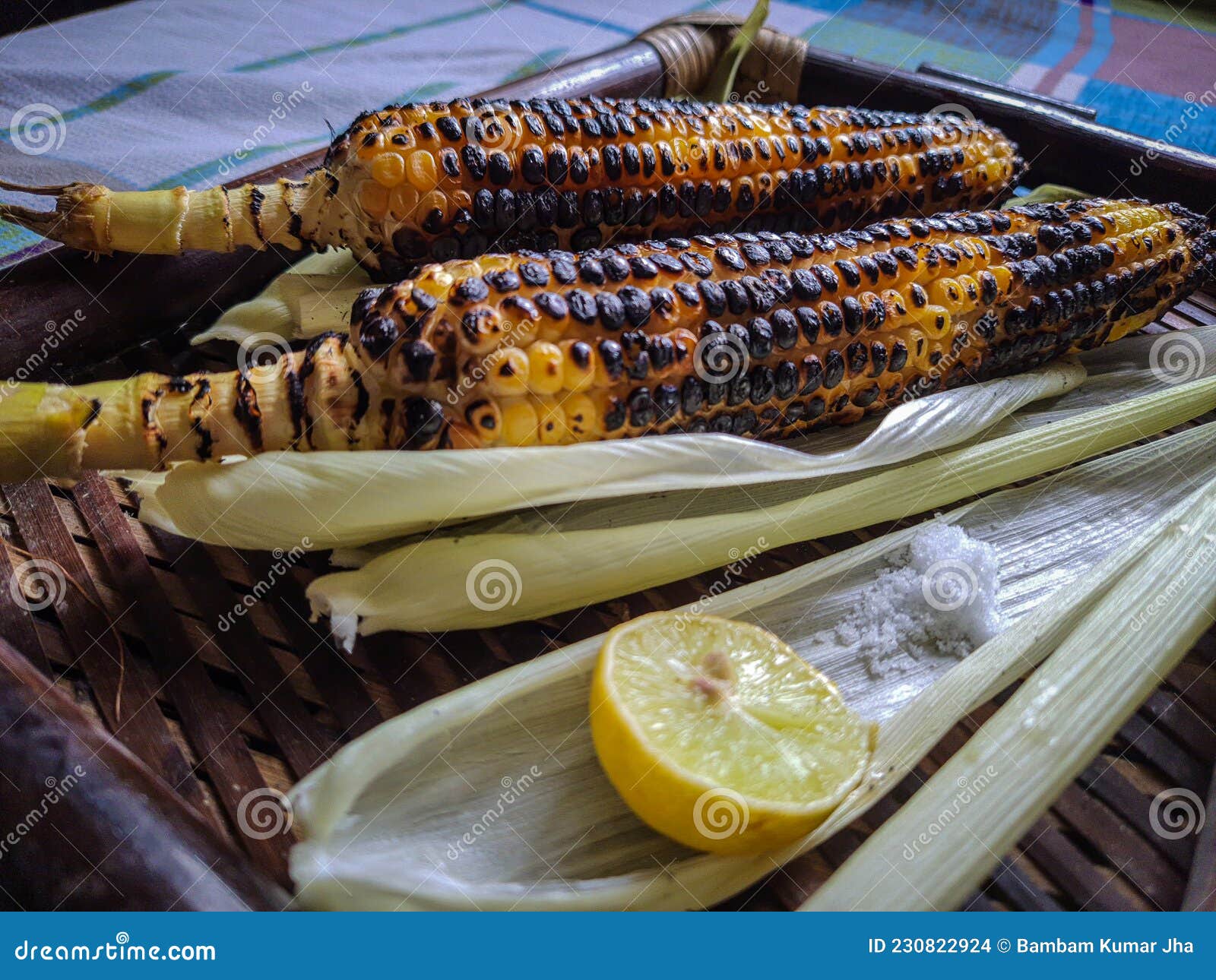 Spicy Sweet Corn Burn in Fire with Lemon and Salt in a Wood Tray from ...