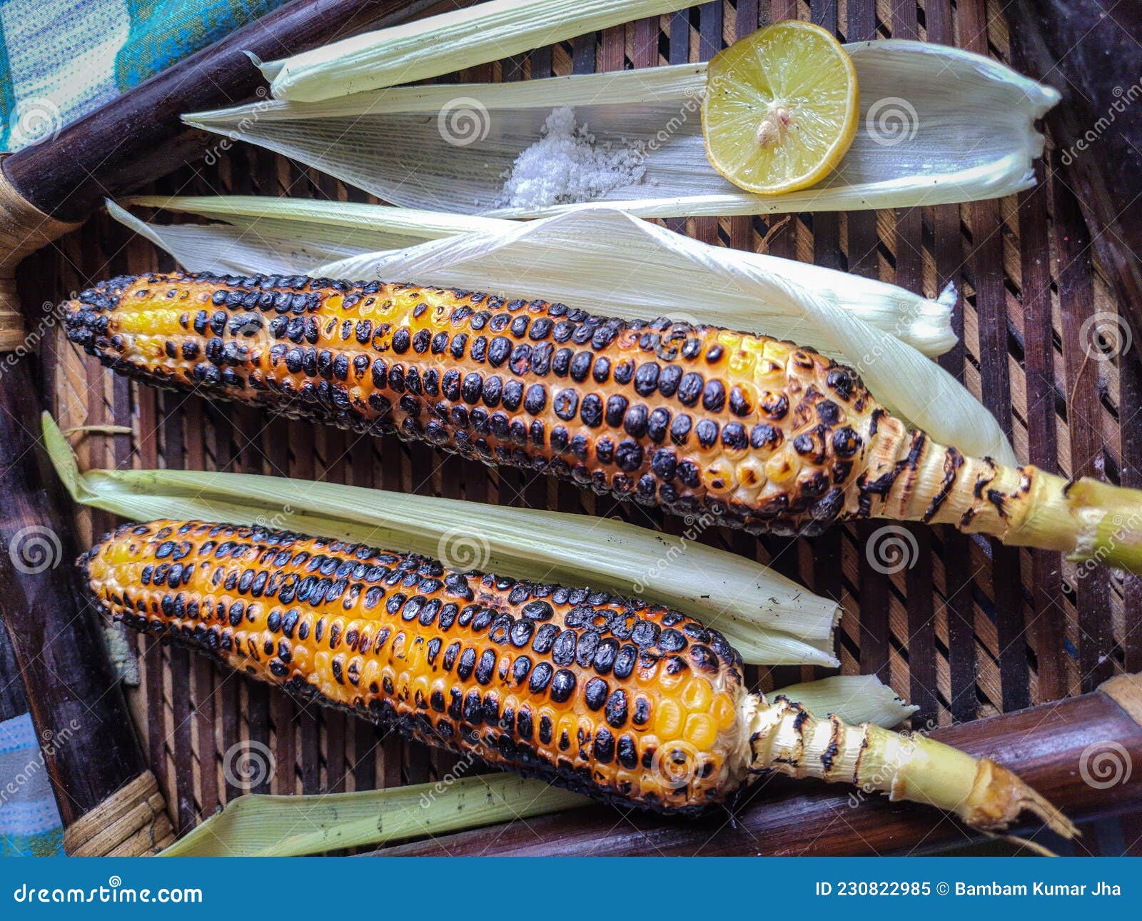 Spicy Sweet Corn Burn in Fire with Lemon and Salt in a Wood Tray from ...