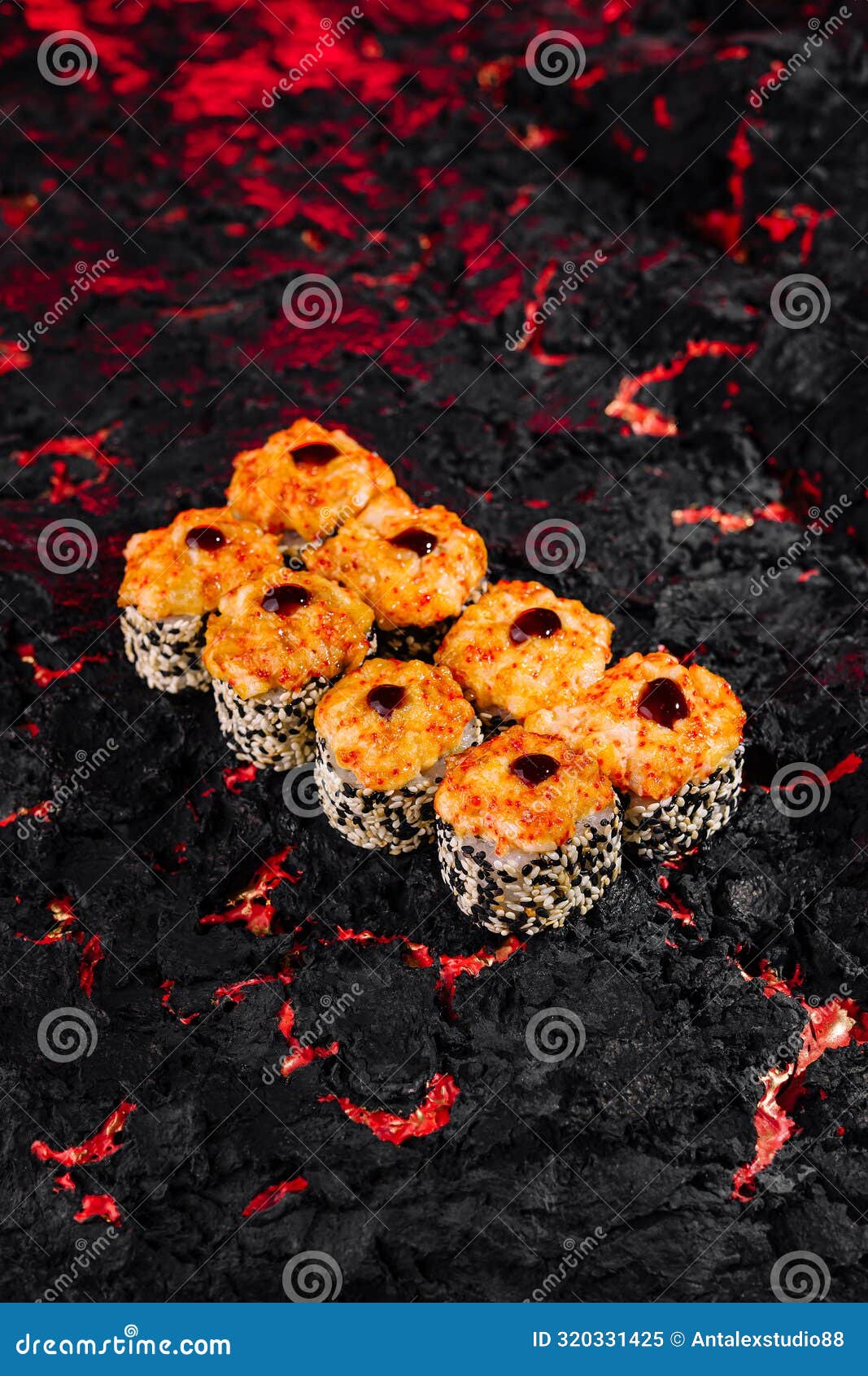 Spicy Volcano Sushi Roll on Lava Textured Background Stock Image ...