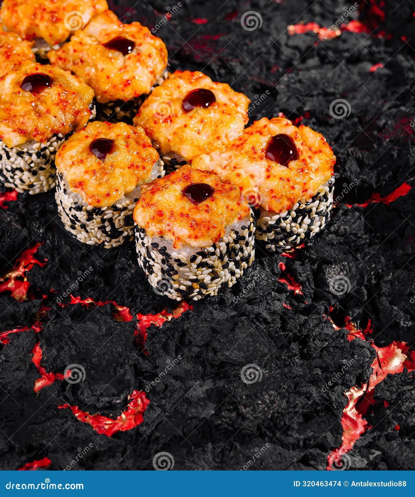 Spicy Volcano Sushi Roll on Lava Textured Background Stock Photo ...