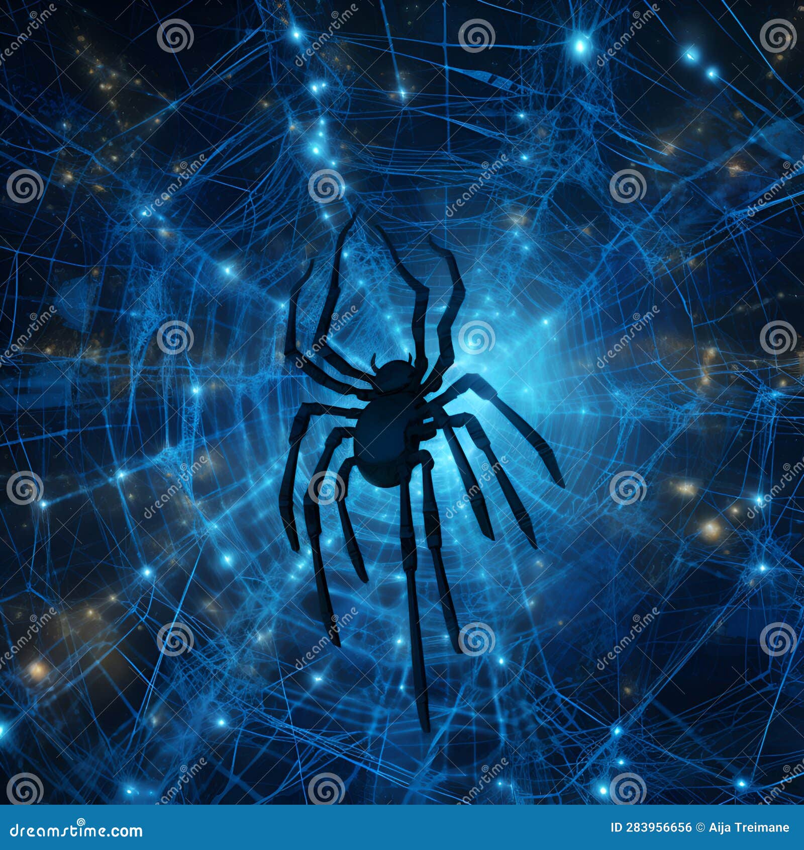 Spider in a Blue Spider Web on a Dark Background. Stock Illustration ...