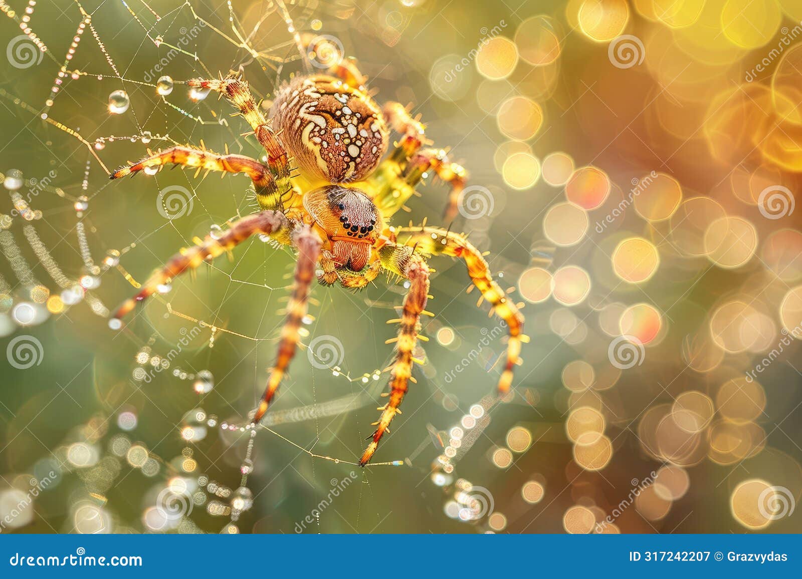 A Spider on His Web Dripping with Dewdrop Against Morning Sunlight ...