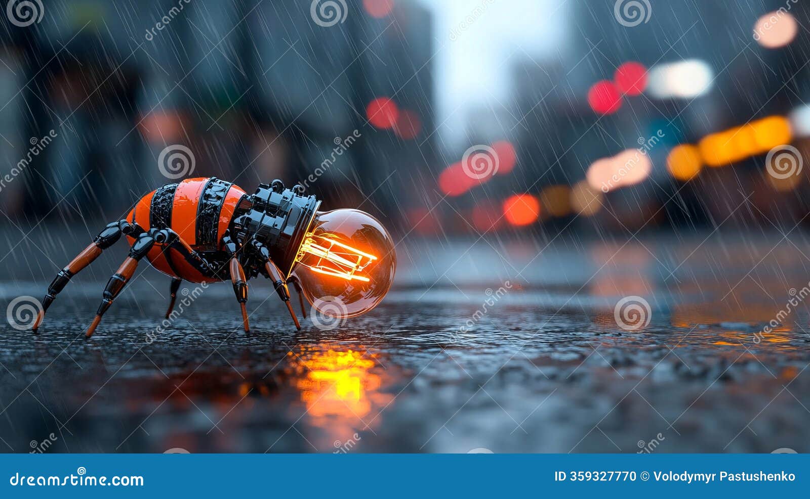 A Spider with a Light Bulb on Its Back in the Rain Stock Photo - Image ...