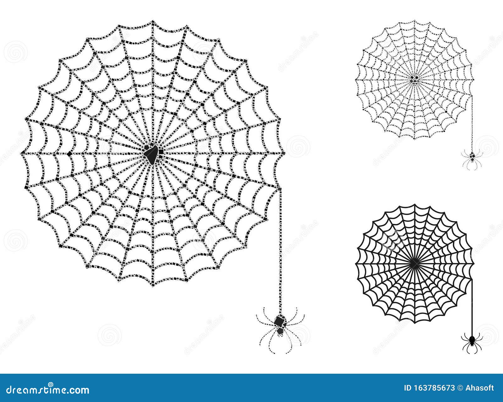 Spider On A Dotted Line Route Set. Spiders Black Silhouette Collection ...