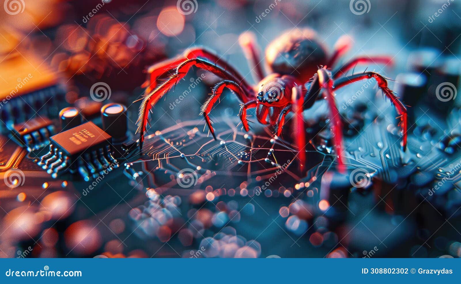 Spider Spins Its Web on the Computer Hardware. Computer Virus Attack ...