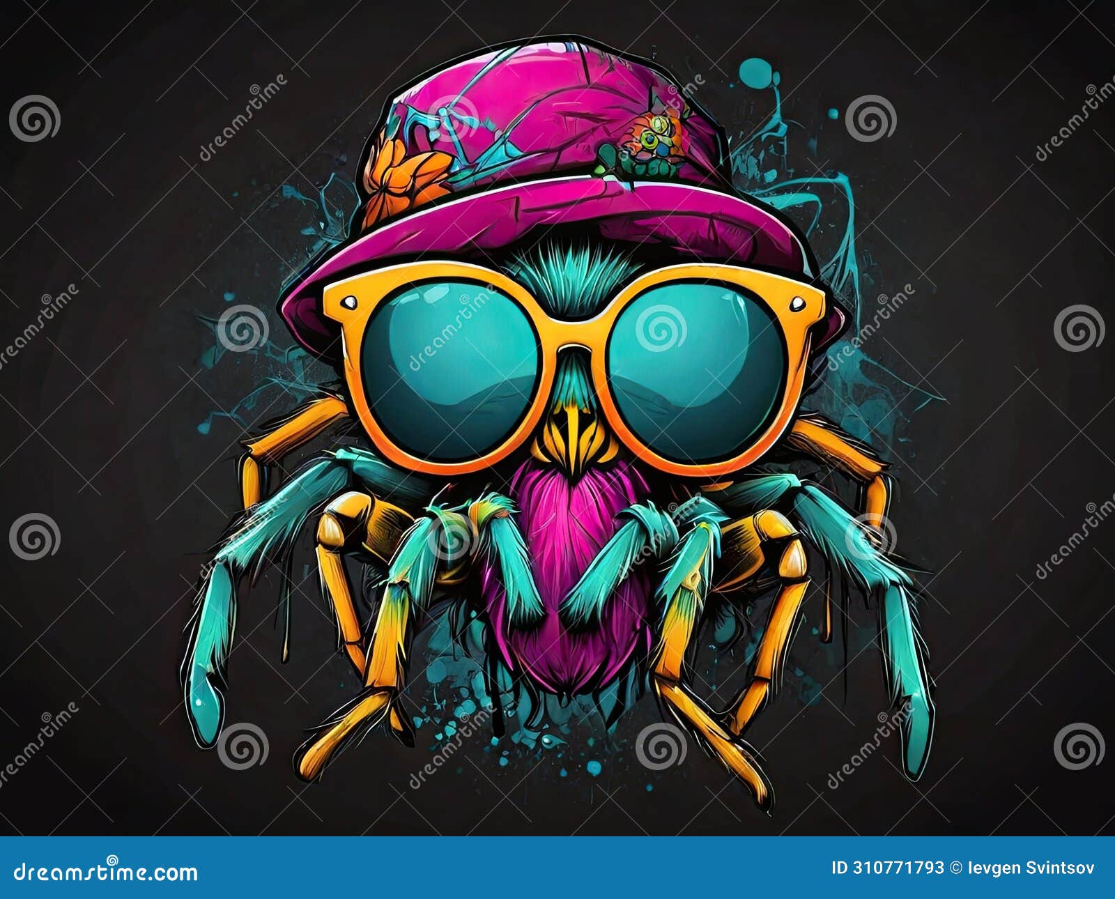 Spider with Sunglasses and Hat on Black Background Paint Splatter ...