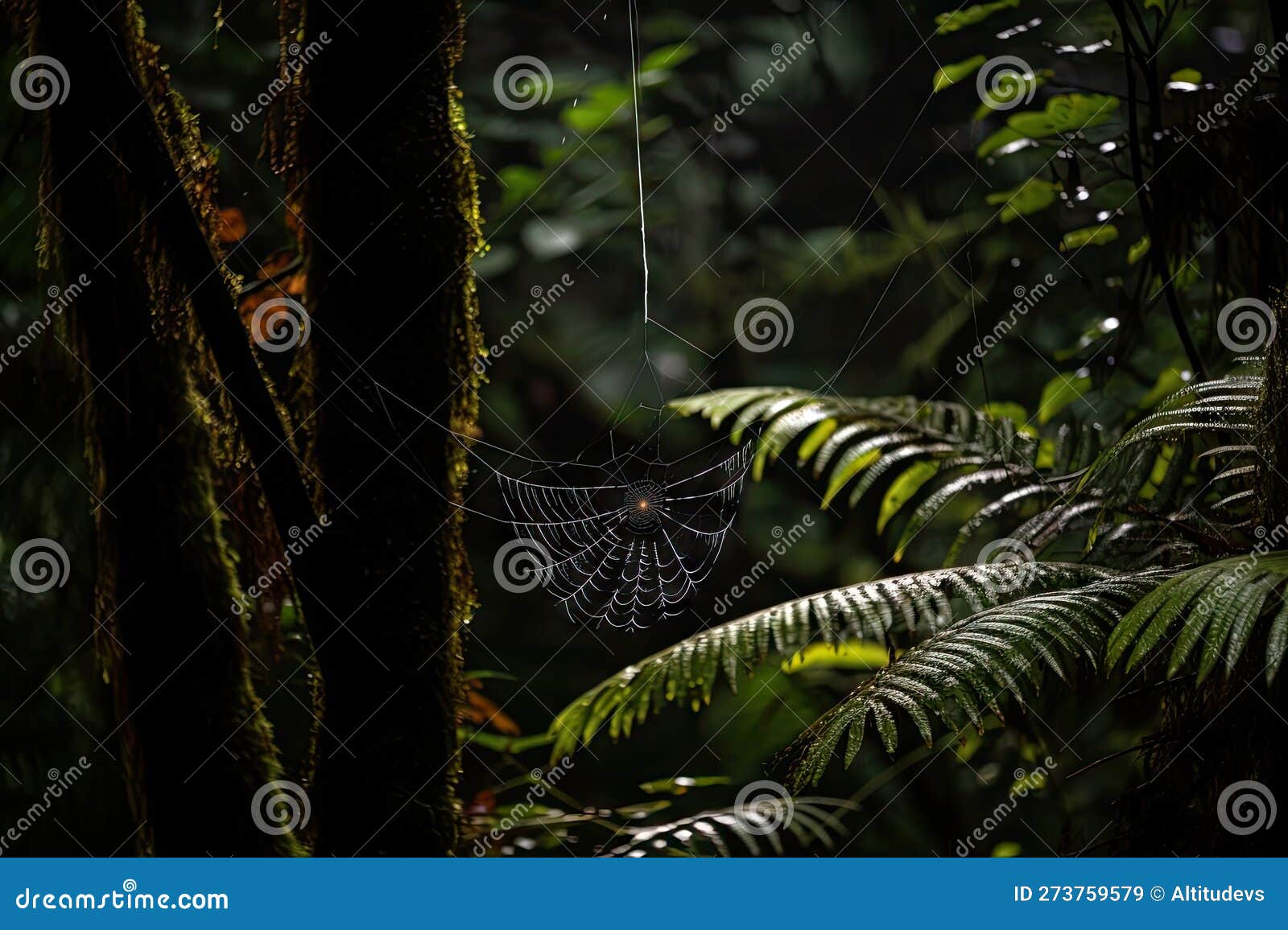 Spider Weaving Its Web in Dark Rainforest Stock Illustration ...