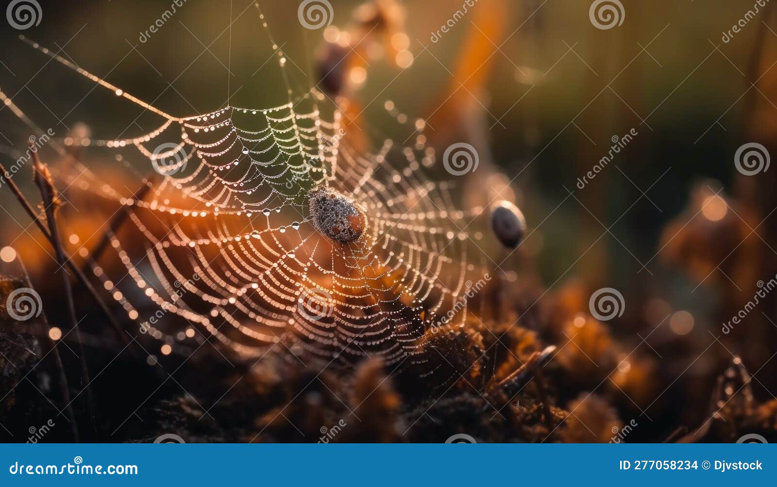 Spider Web Dew Drop On Wet Leaf Generated By Ai Stock Illustration