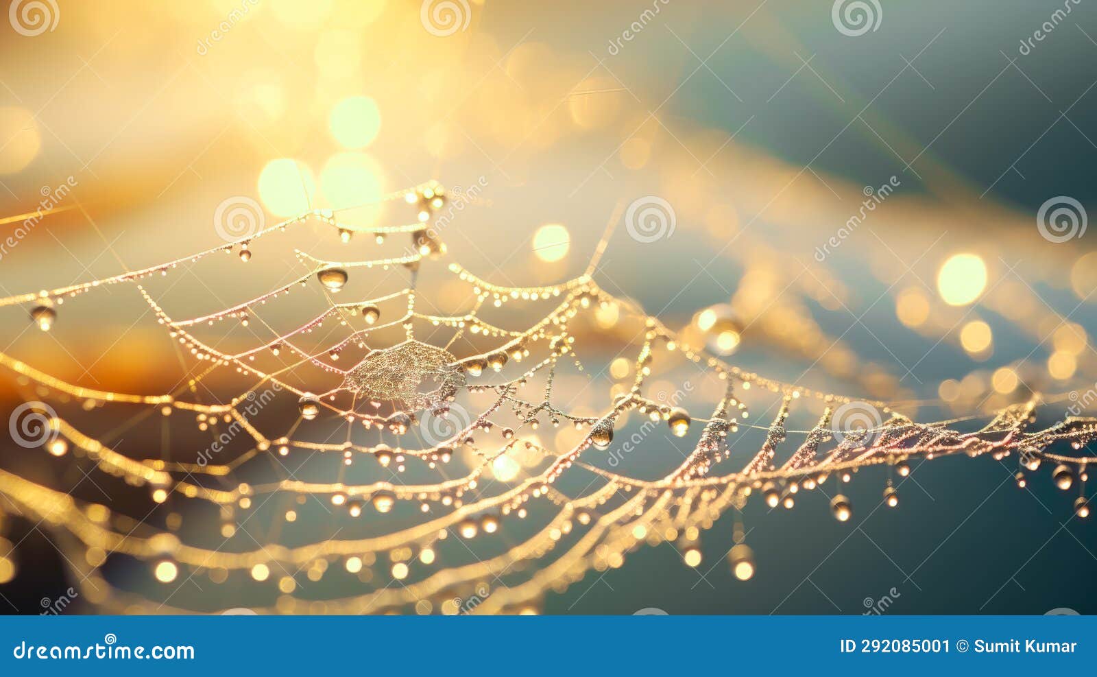 Spider Web With Dew Drops On Web A Close Up Image Of A Shimmering