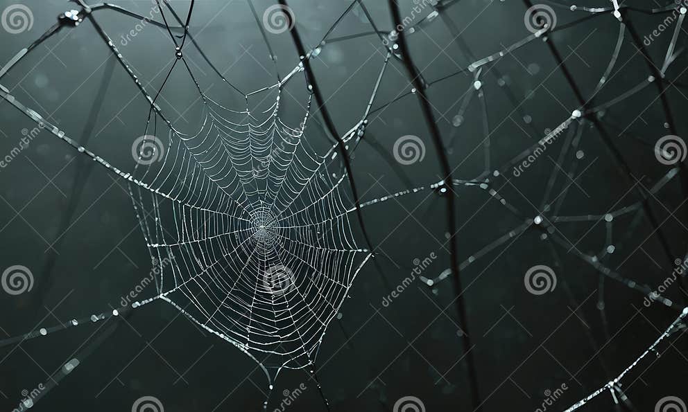Spider Web Glistens with Dew Drops, Its Intricate Structure and Dark ...