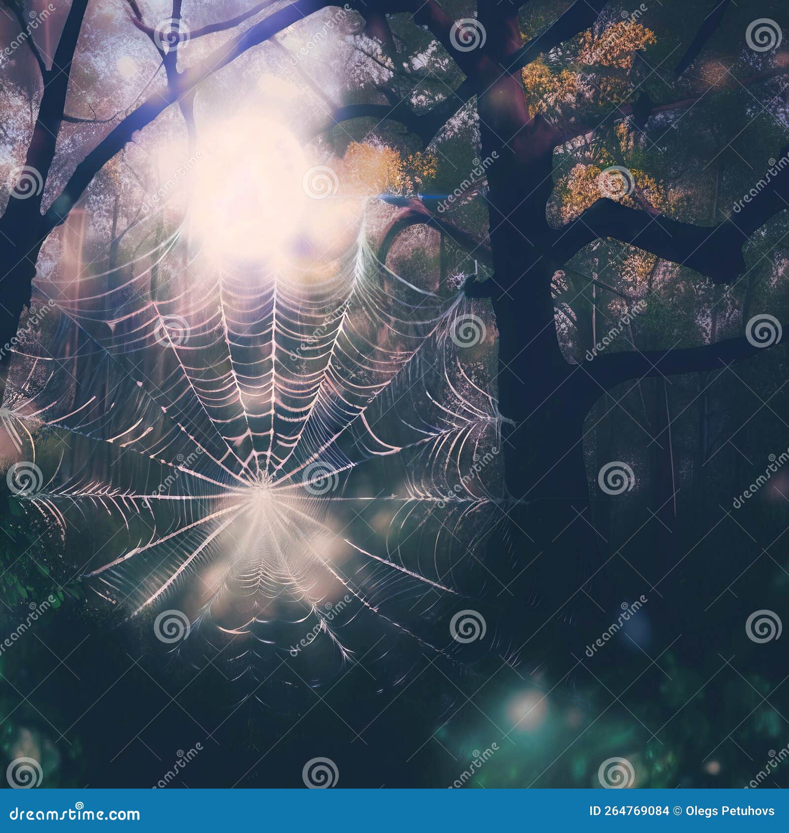 A Spider Web in the Middle of a Forest with Trees in the Background and ...