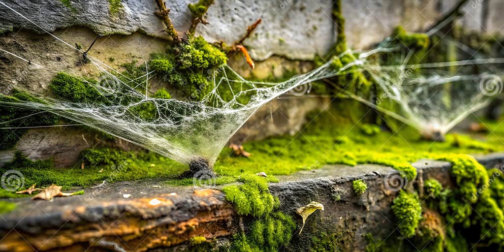 Spider Web with Moss and Lichen on Old Concrete Wall Background Stock Illustration ...