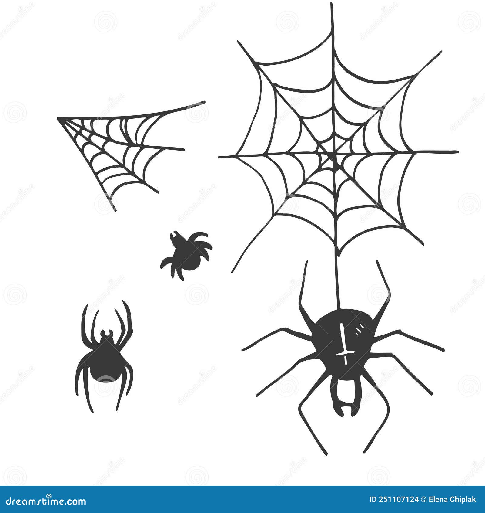 Spider Web and Spiders Set of Elements in Hand Drawn Style. Vector ...