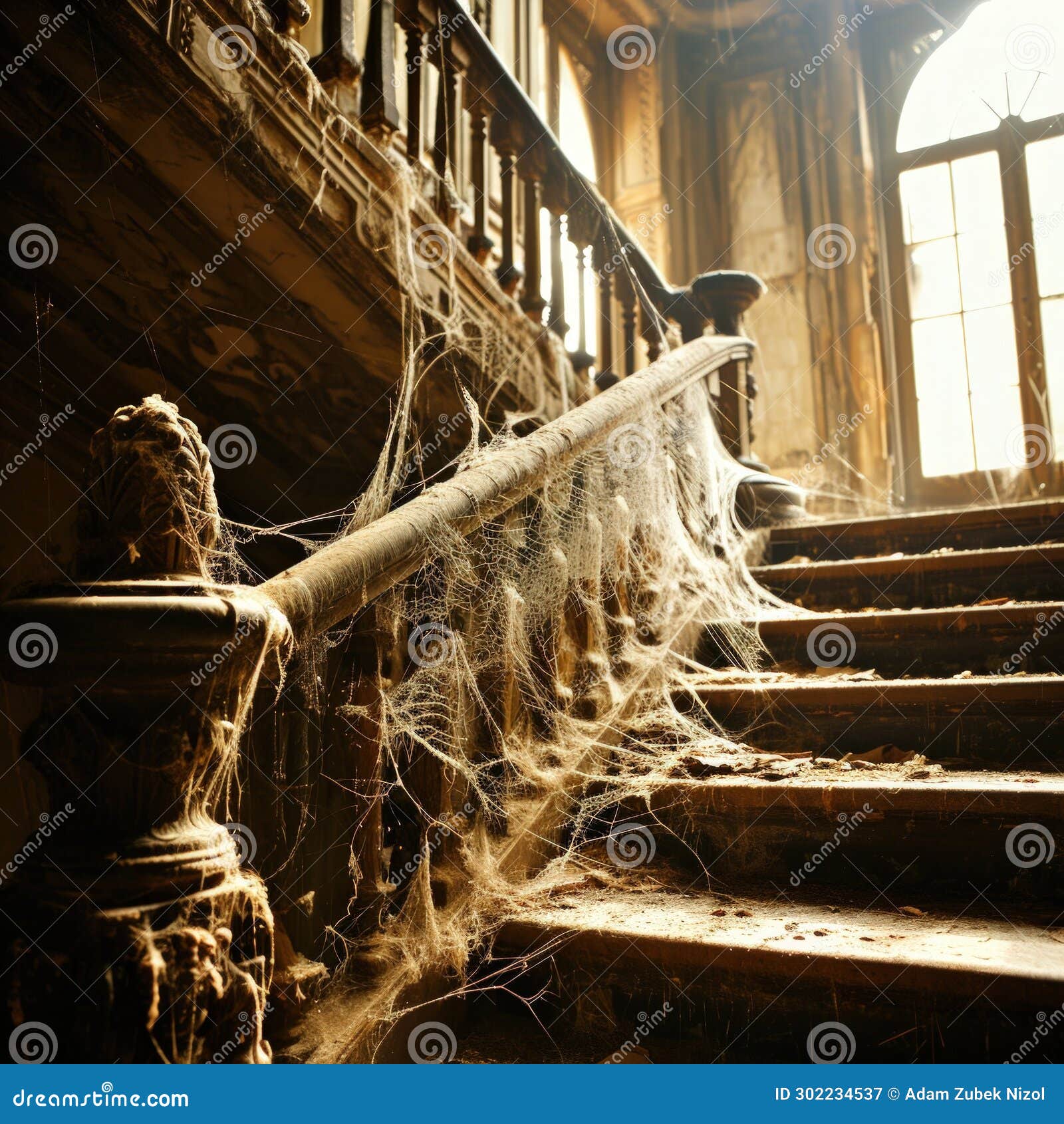 A Spider Web on a Staircase Stock Illustration - Illustration of creepy ...